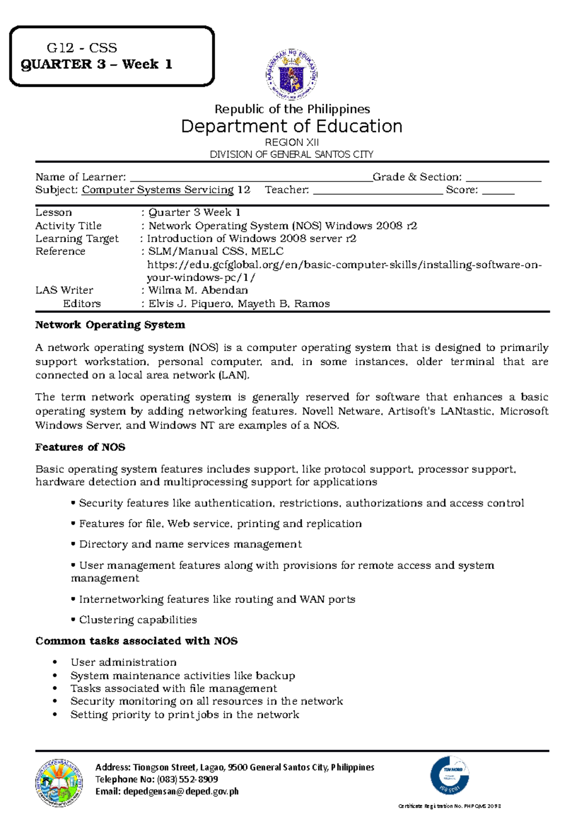LAS G12 CSS Q3 W1 Weng- Edited - Republic of the Philippines Department of Education REGION XII ...