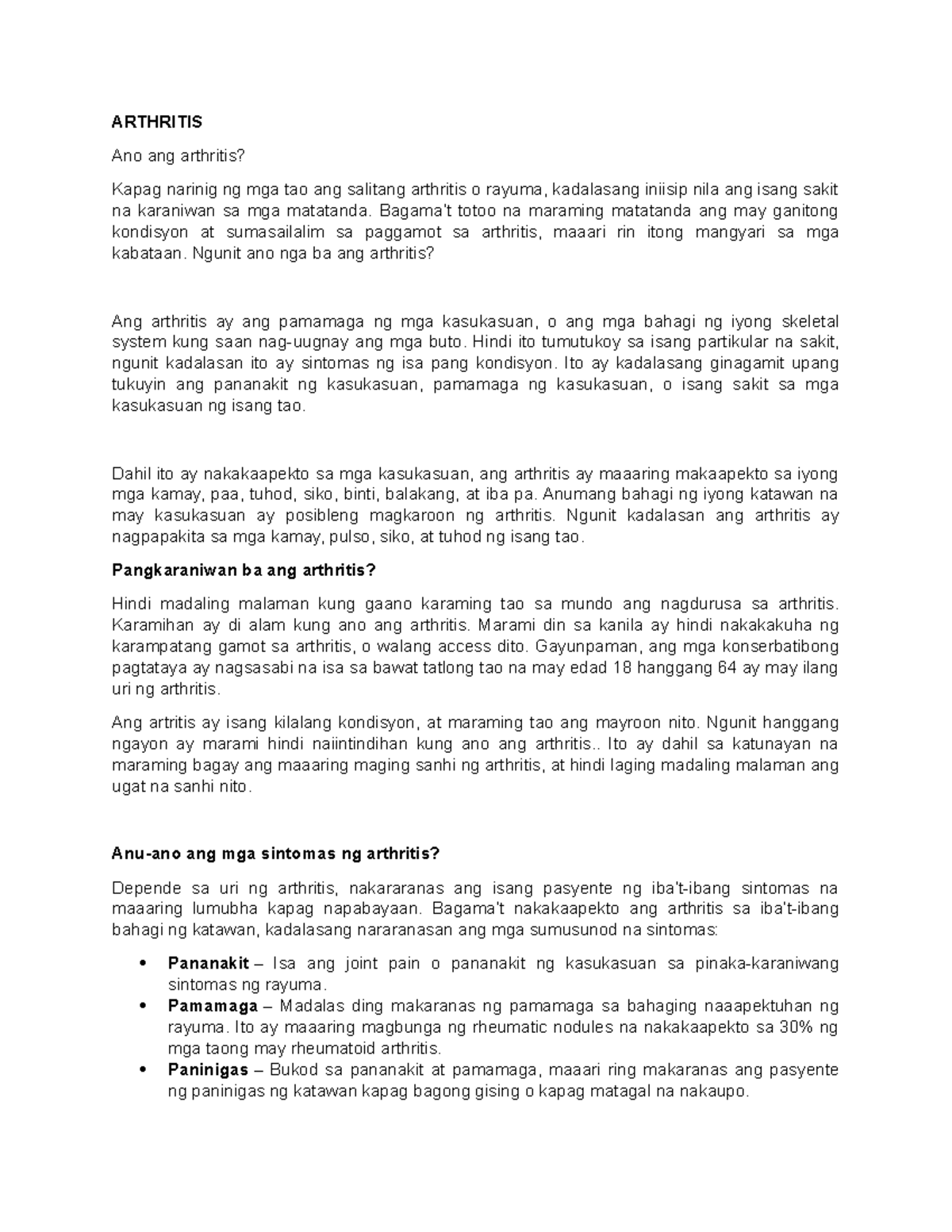 Arthritis - ARTHRITIS Ano ang arthritis? Kapag narinig ng mga tao ang ...