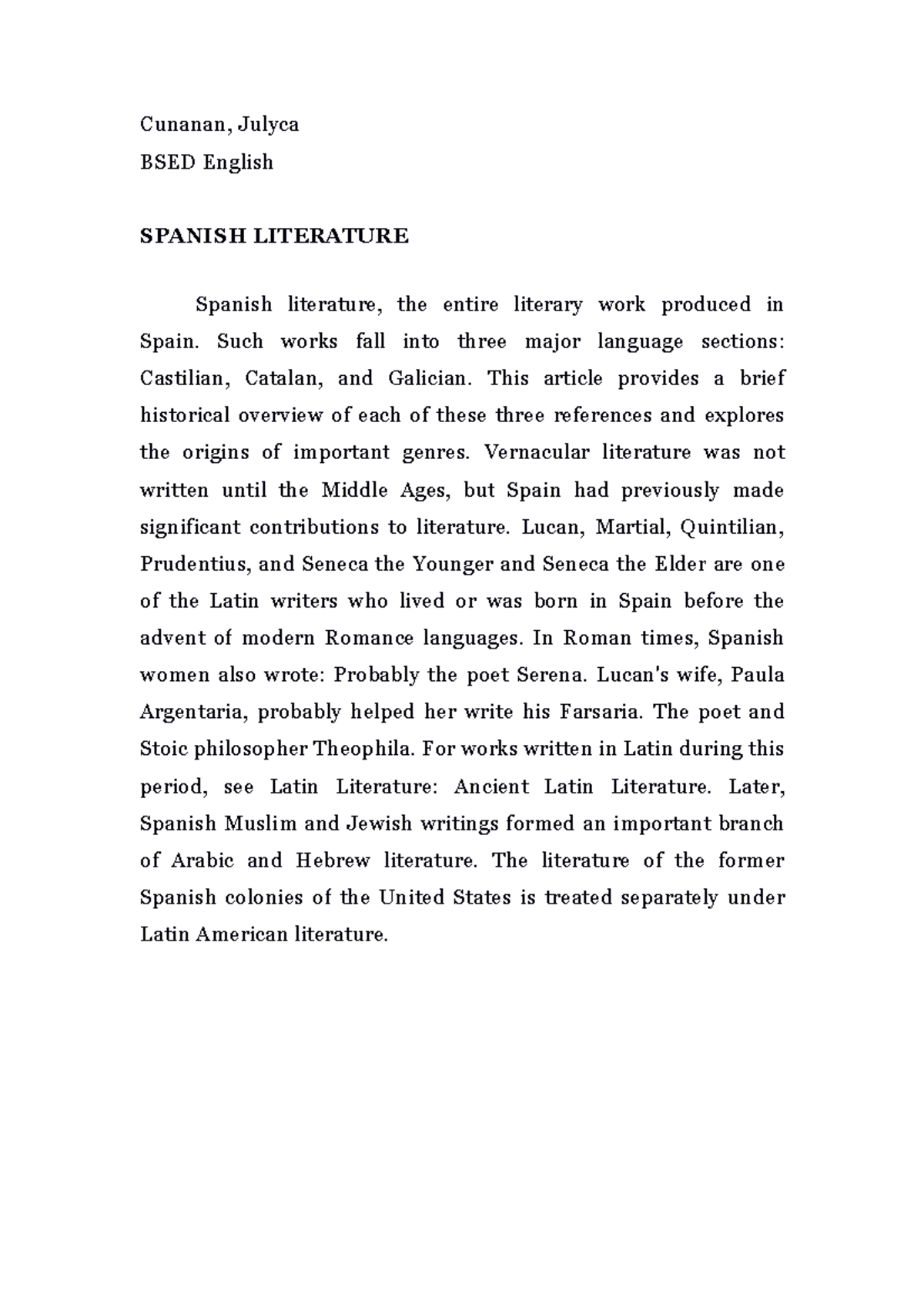 Spanish Literature- LECTURE - Cunanan, Julyca BSED English SPANISH ...