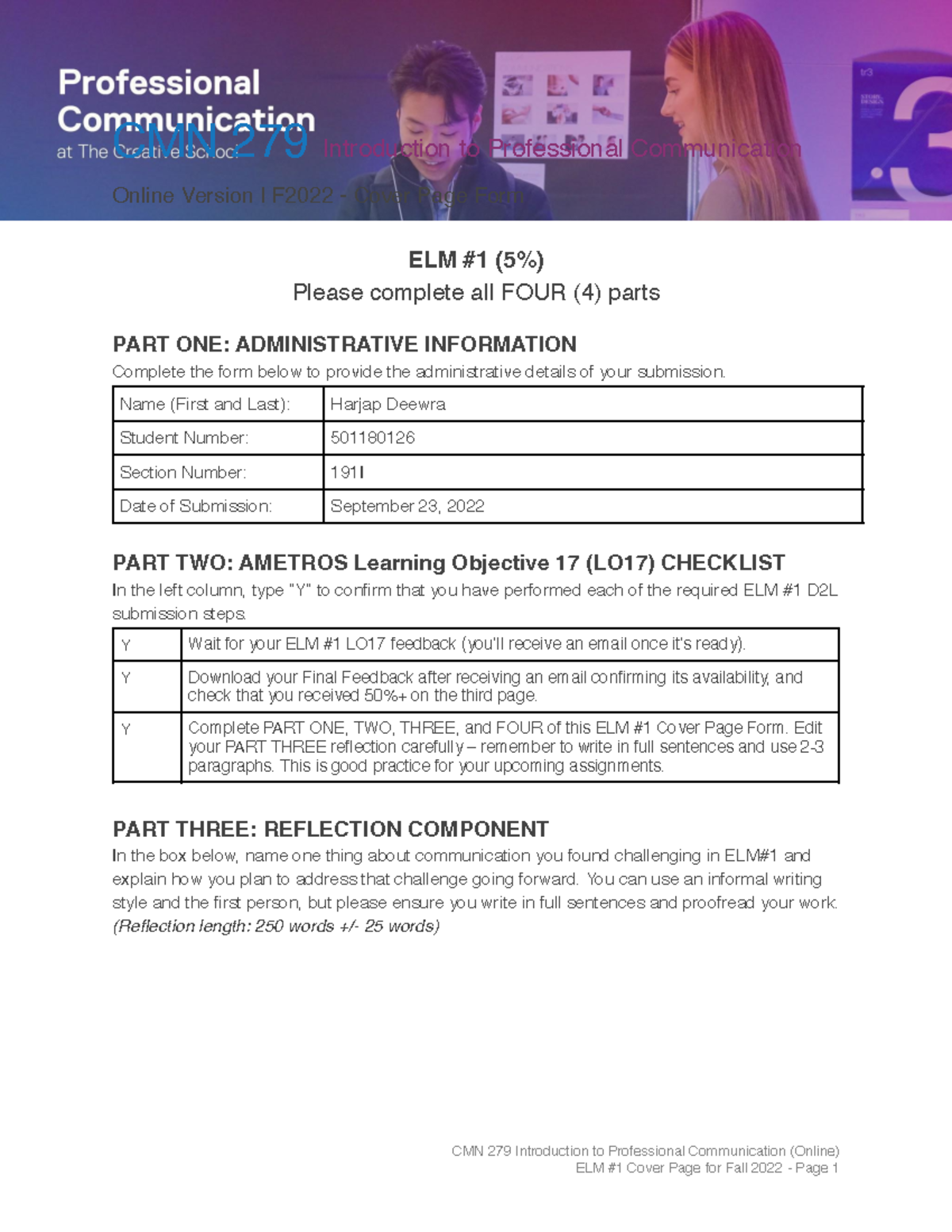 CMN279(Section#191I) ELM#1Form Harjap Deewra - CMN 279 Introduction to ...