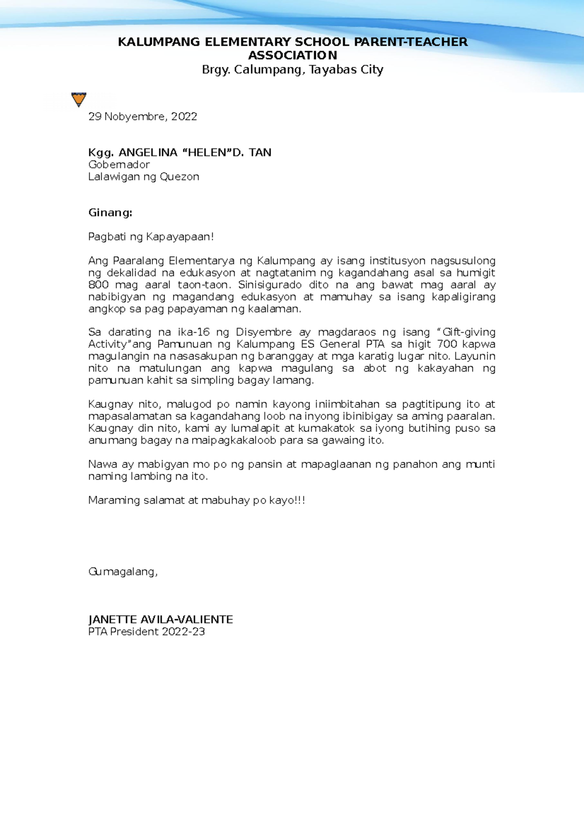 Solicitation letter PTA - KALUMPANG ELEMENTARY SCHOOL PARENT-TEACHER ...