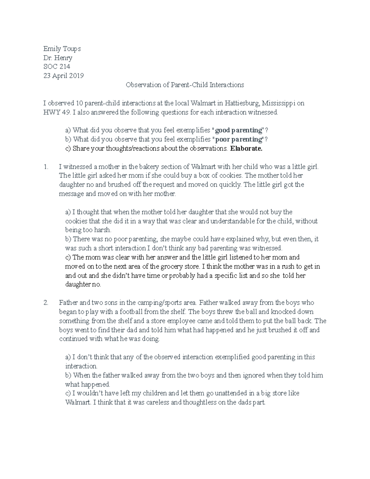 SOC 214 Observation of Parent-Child Interactions - Emily Toups Dr ...