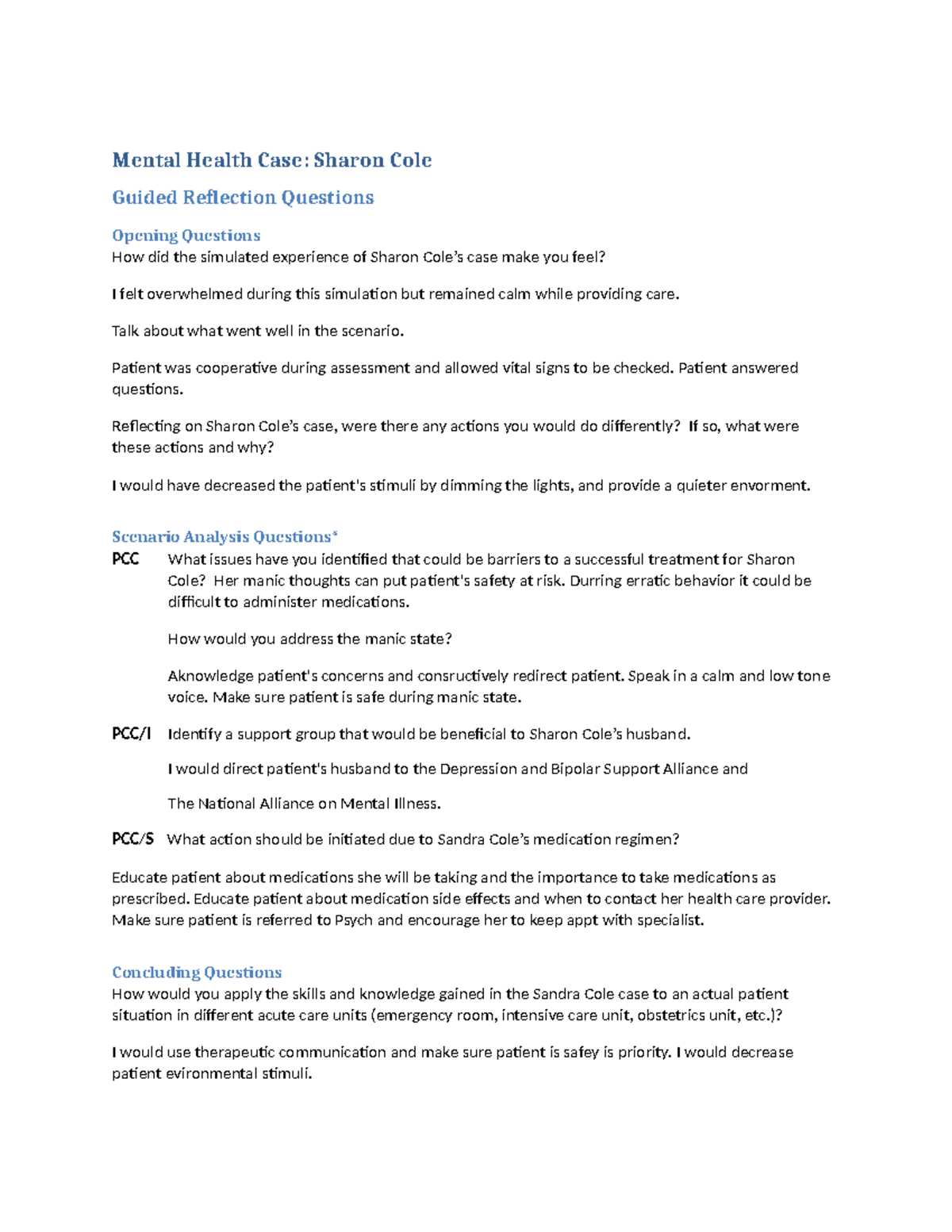 Sharon Cole Guided Reflection Questions - Mental Health Case: Sharon Cole Guided Reflection ...