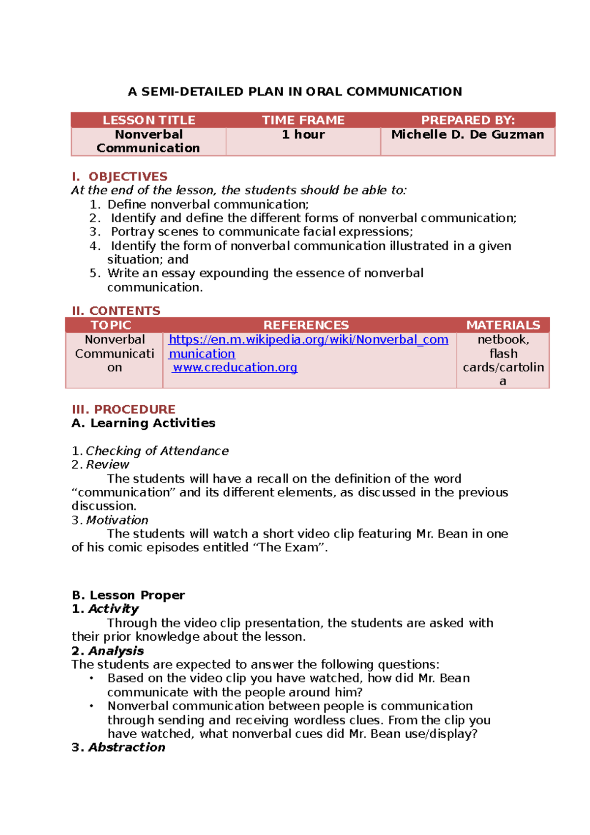 A SEMI- Detailed PLAN-NON- Verbal Communication - A SEMI-DETAILED PLAN ...
