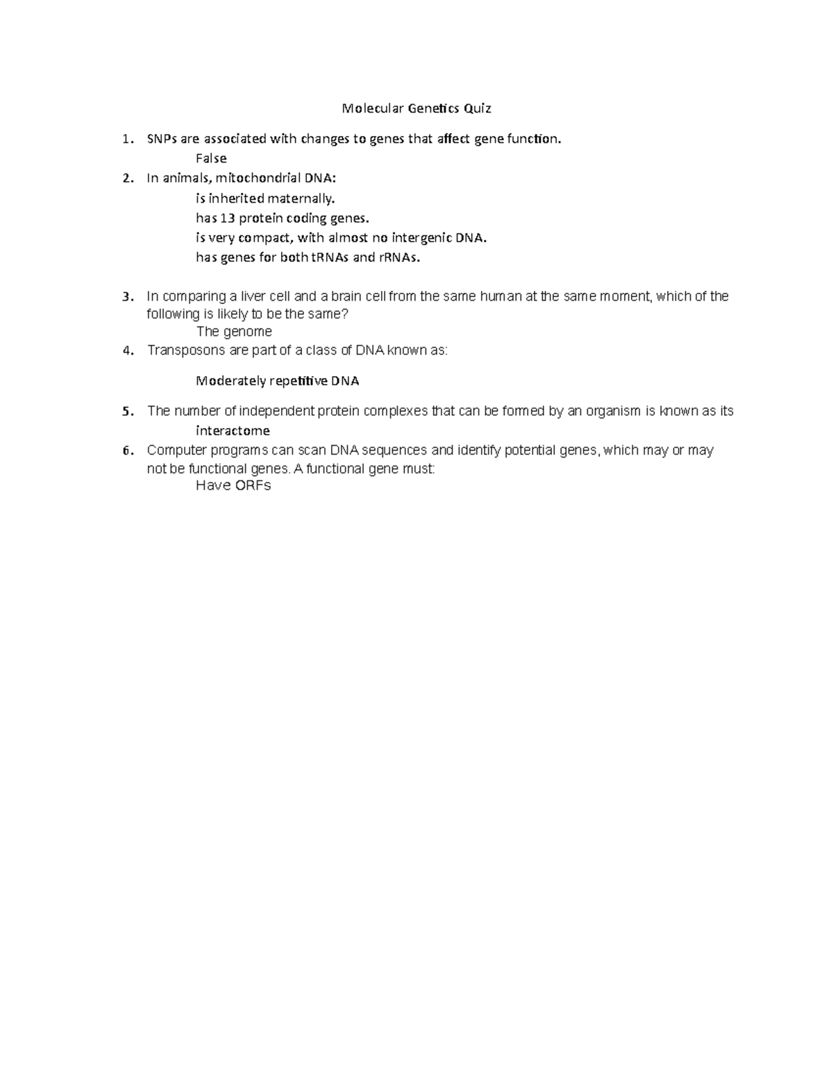 Chapter 4 Quiz - Dr. Kim - Molecular Genetics Quiz SNPs are associated ...