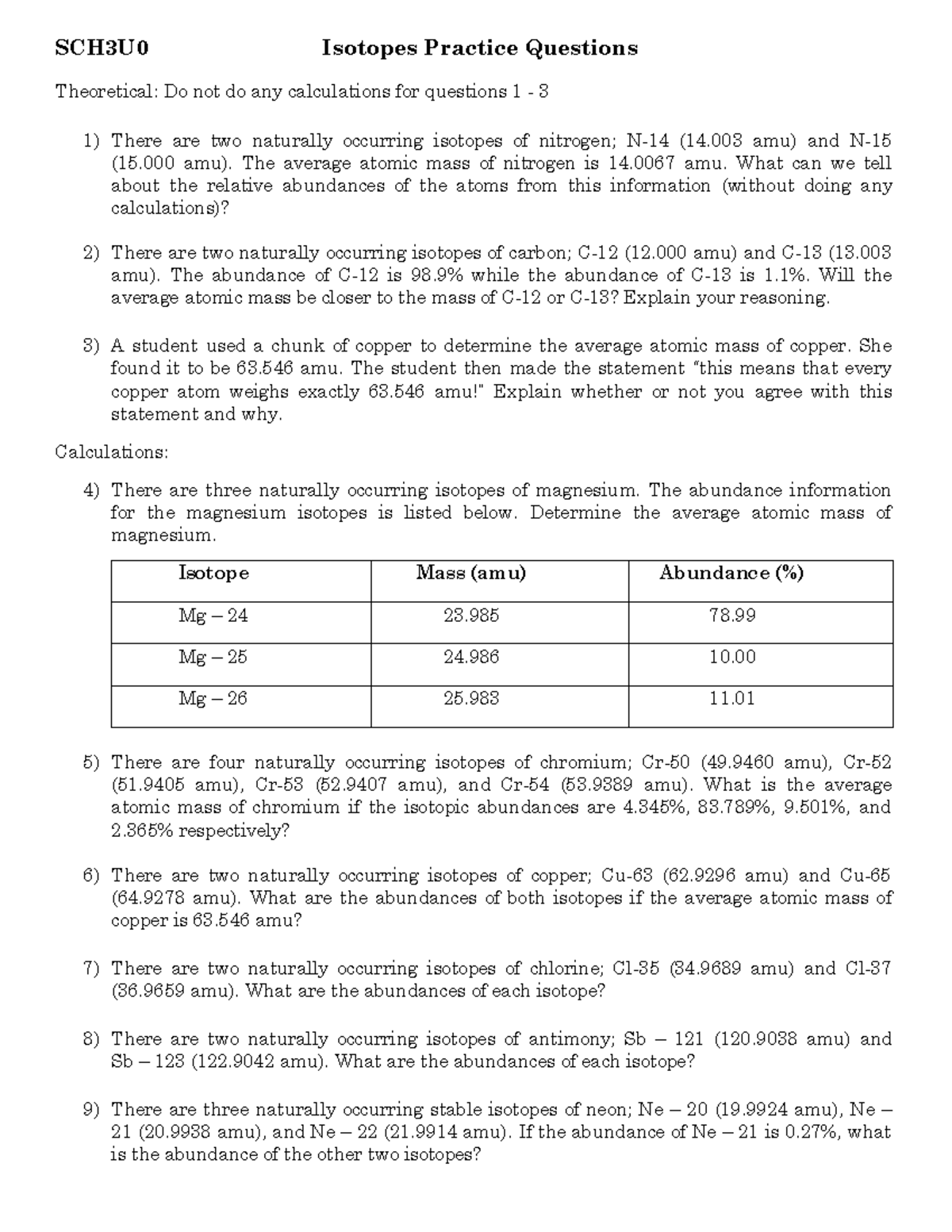 SCH3U0 - 1 - Worksheet 1 Isotopes Practice Questions - SCH3U0 Isotopes ...