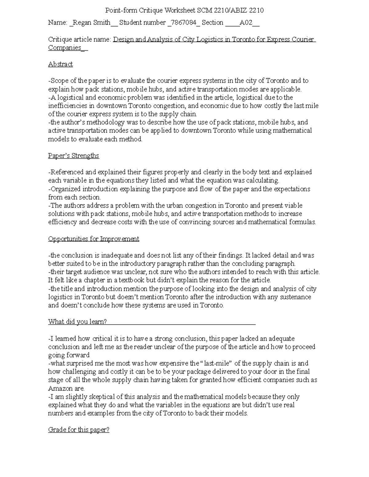 Point-form Critique I - Point-form Critique Worksheet SCM 2210/ABIZ ...