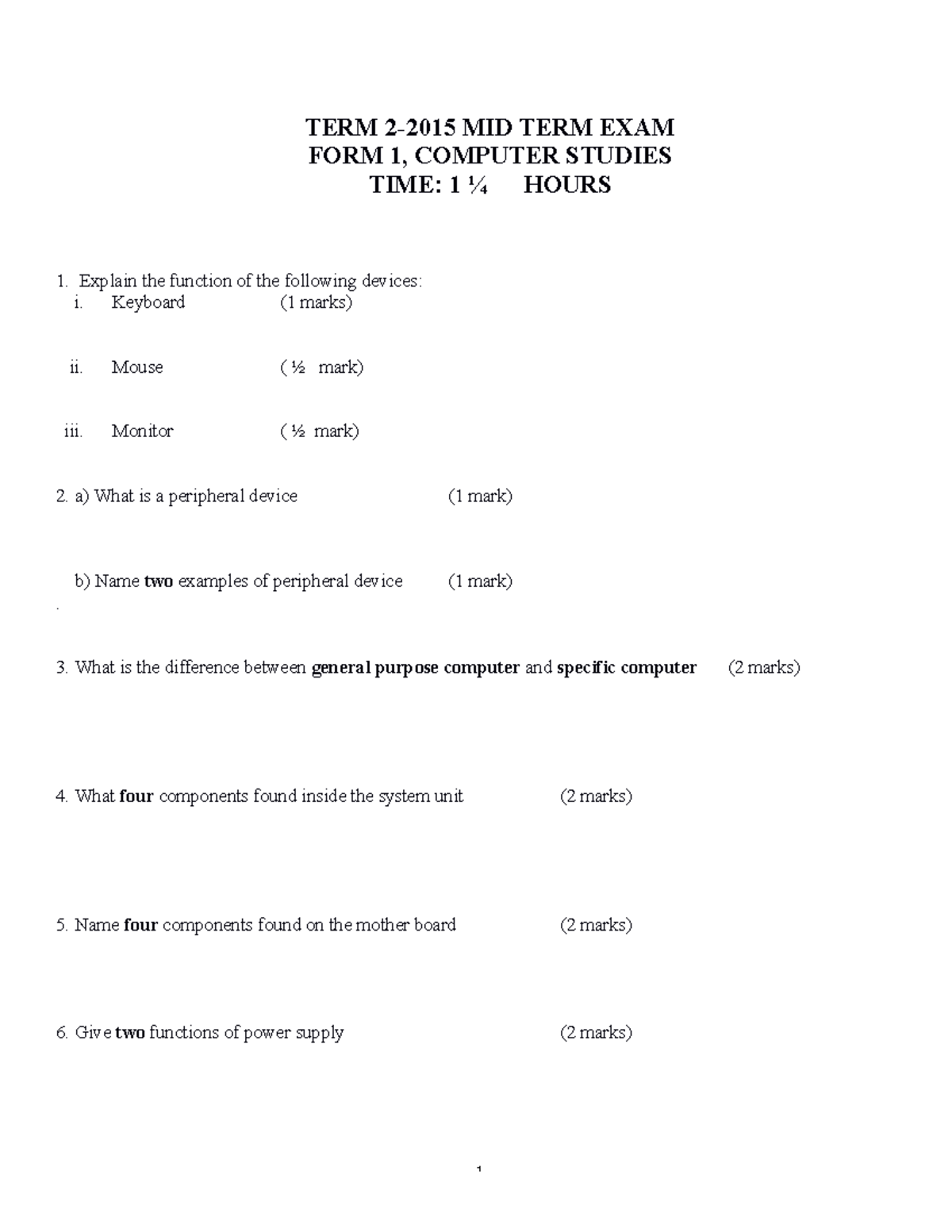 Form 1 Computer Studies Mid Term 2 Exam 2015 - TERM 2-2015 MID TERM ...