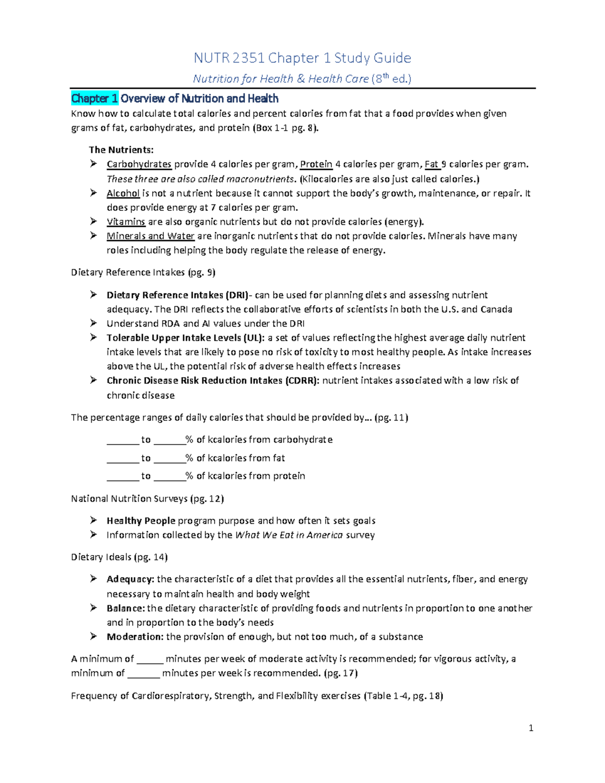 Chapter 1 Study Guide - 1 NUTR 2351 Chapter 1 Study Guide Nutrition for ...