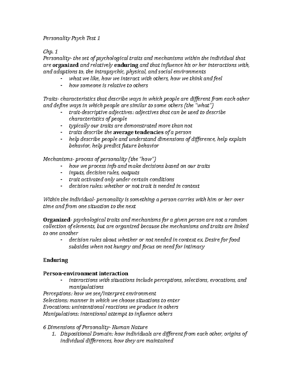 Personality Psych Test 1 - 1 Personality- the set of psychological ...