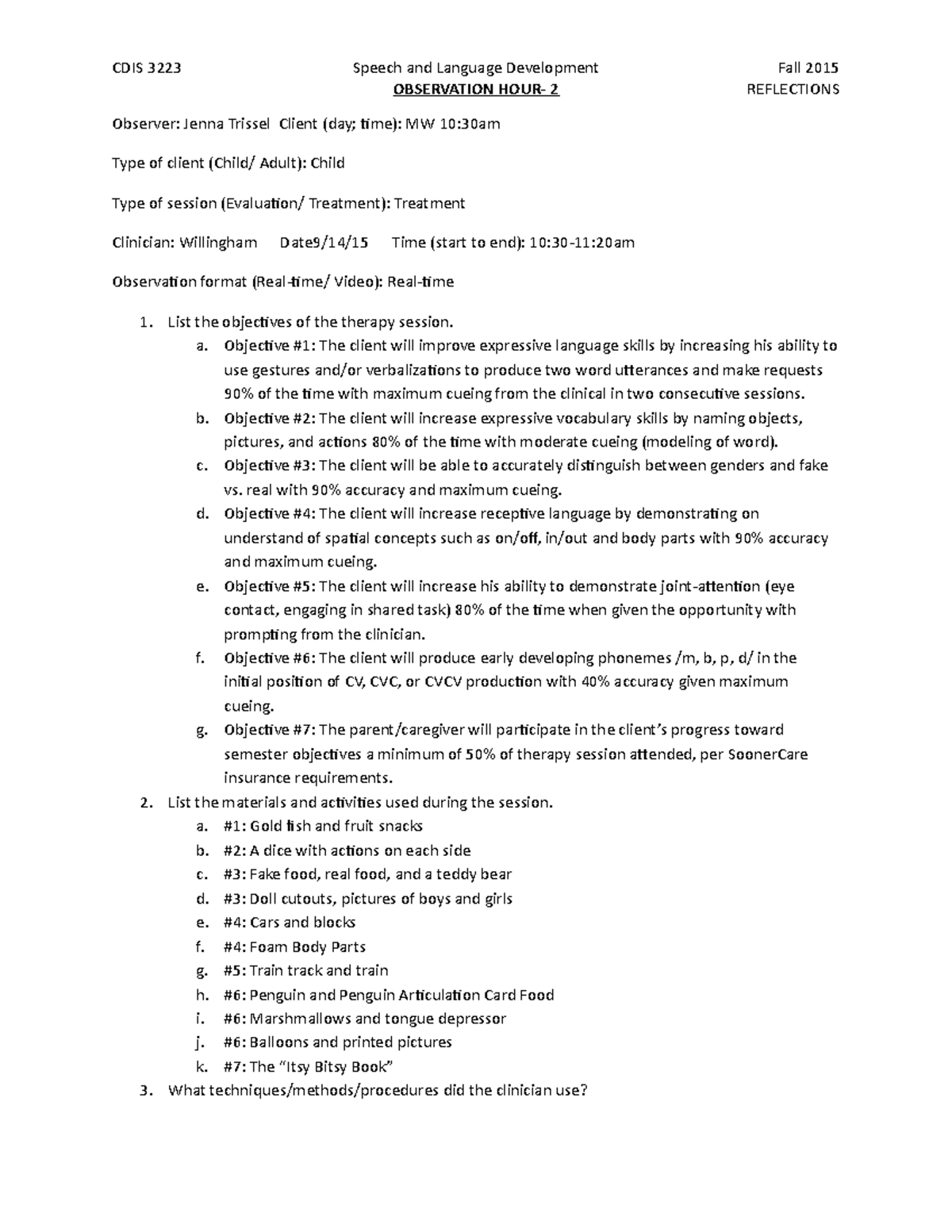 Observation 2 - CDIS 3223 Speech and Language Development OBSERVATION ...