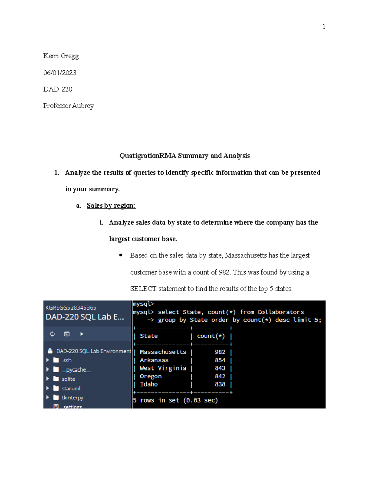 5-3 Major Activity: Analyzing Queries - Kerri Gregg 06/01/ DAD- Professor Aubrey QuatigrationRMA ...