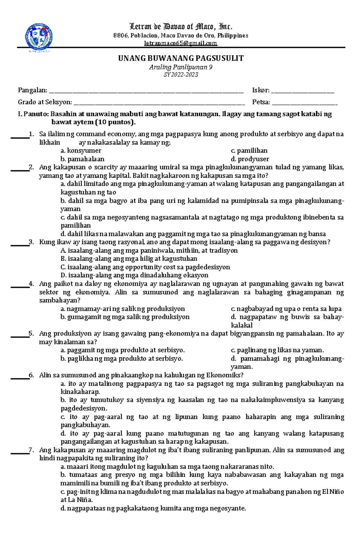 First Monthly Exam Ap-9 -2022-2023 Letran-PDF - Letran de Davao of Maco ...