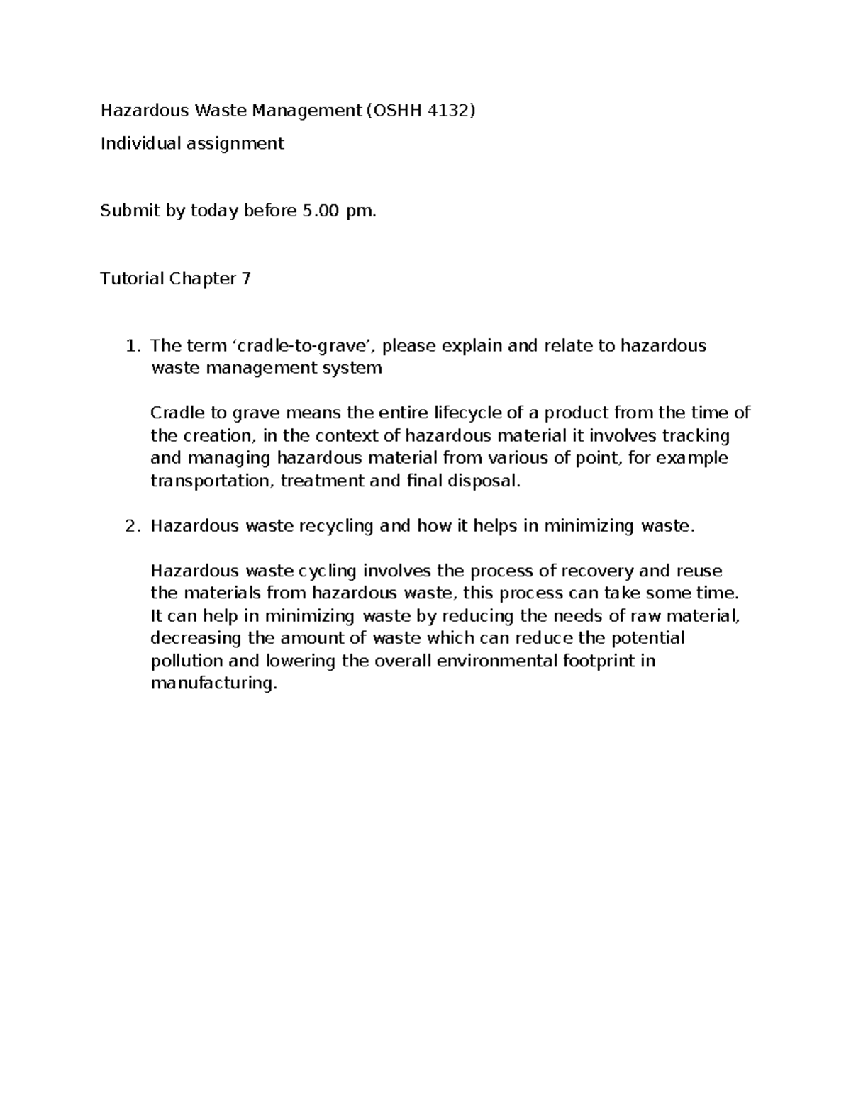 Hazardous Waste Management (OSHH 4132) - Tutorial Chapter 7 1. The term ...