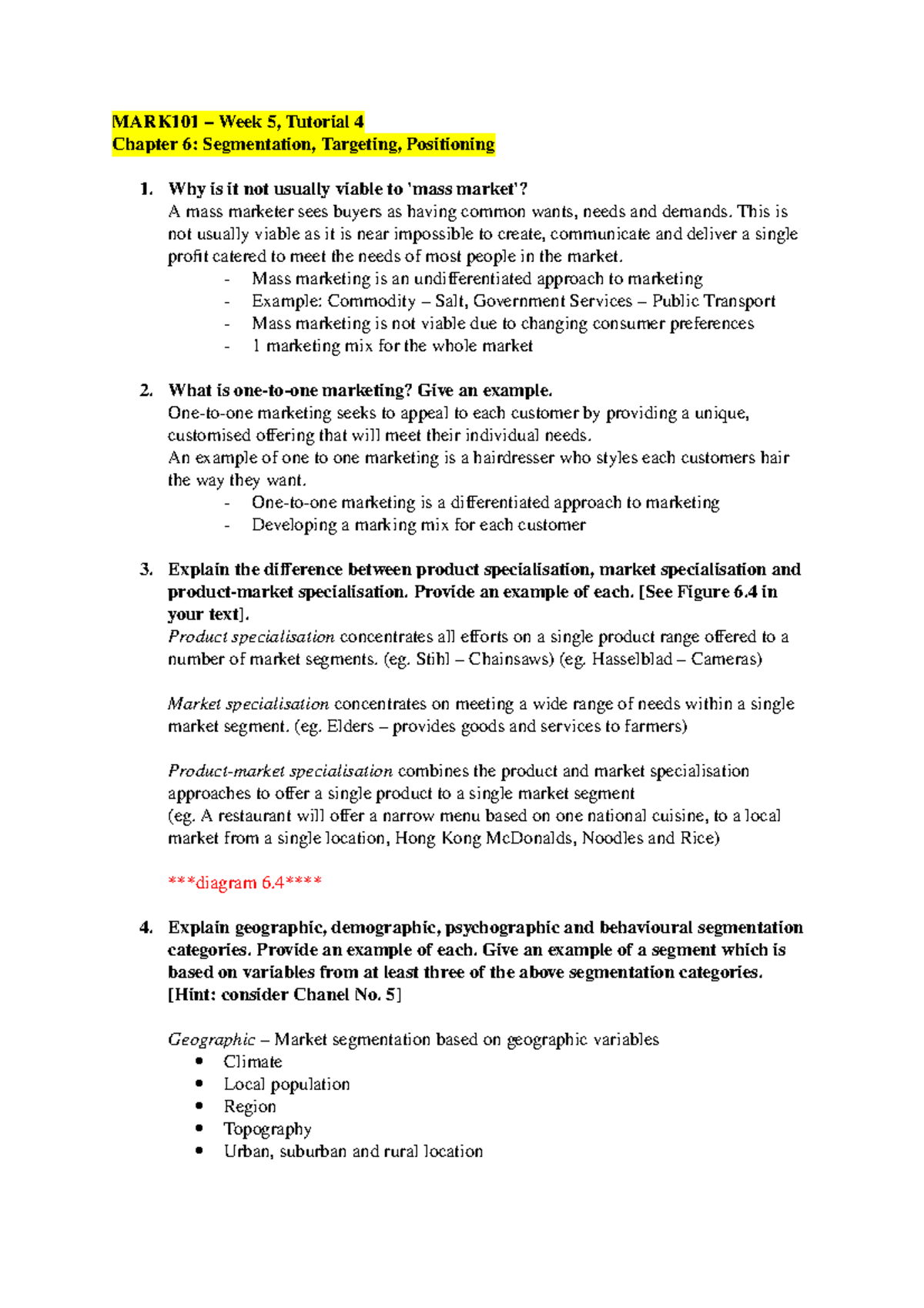 MARK101 W5 TT4 - tut - MARK101 – Week 5, Tutorial 4 Chapter 6 ...