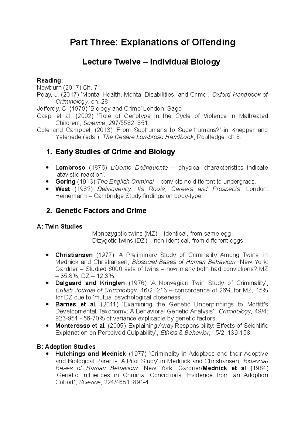 Study materials Lecture 12 2020 - Part Three: Explanations of Offending ...