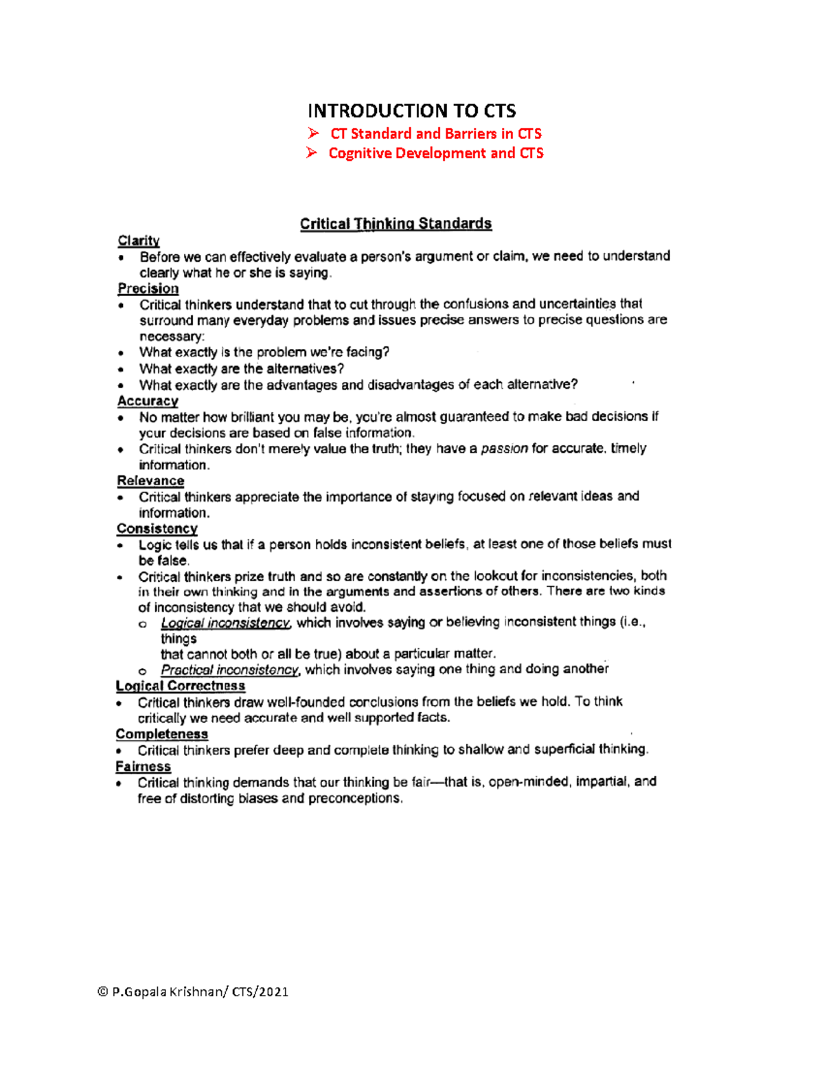 Critical Thinking Skill Standards - INTRODUCTION TO CTS CT Standard and ...