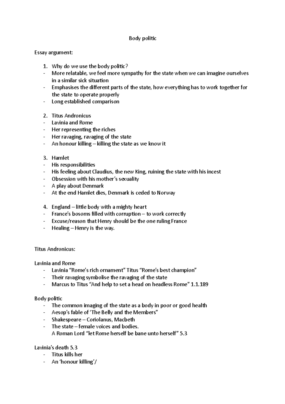 Body politic - Summary Shakespeare - Body politic Essay argument: Why ...