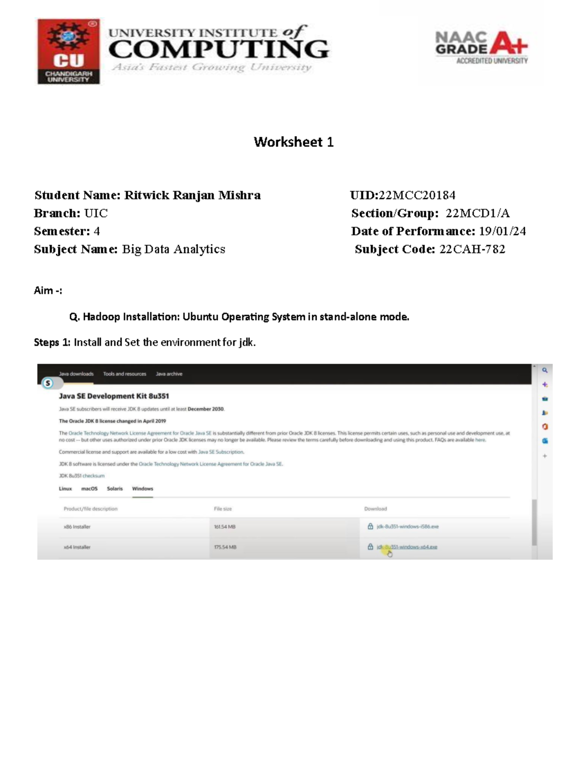22MCC2018 4 big - Worksheet 1 Student Name: Ritwick Ranjan Mishra UID:22MCC20 184 Branch: UIC ...