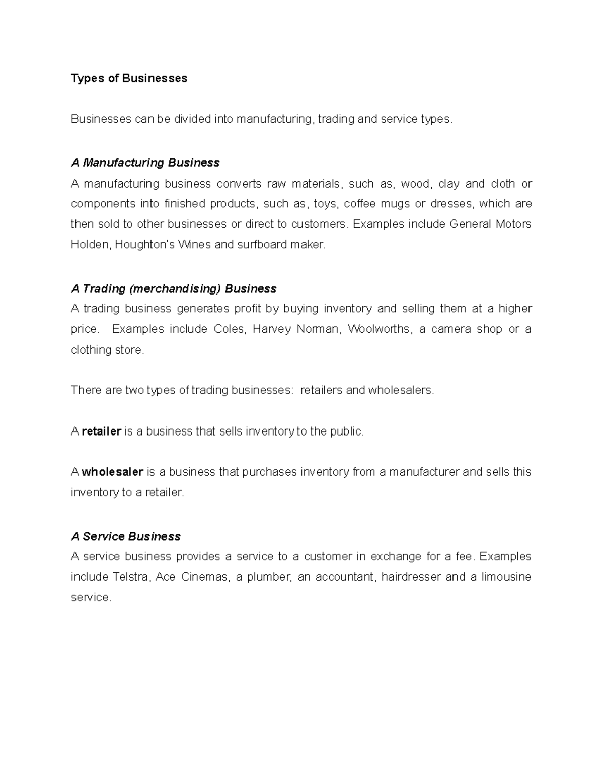 Types of Businesses - notes - Types of Businesses Businesses can be ...