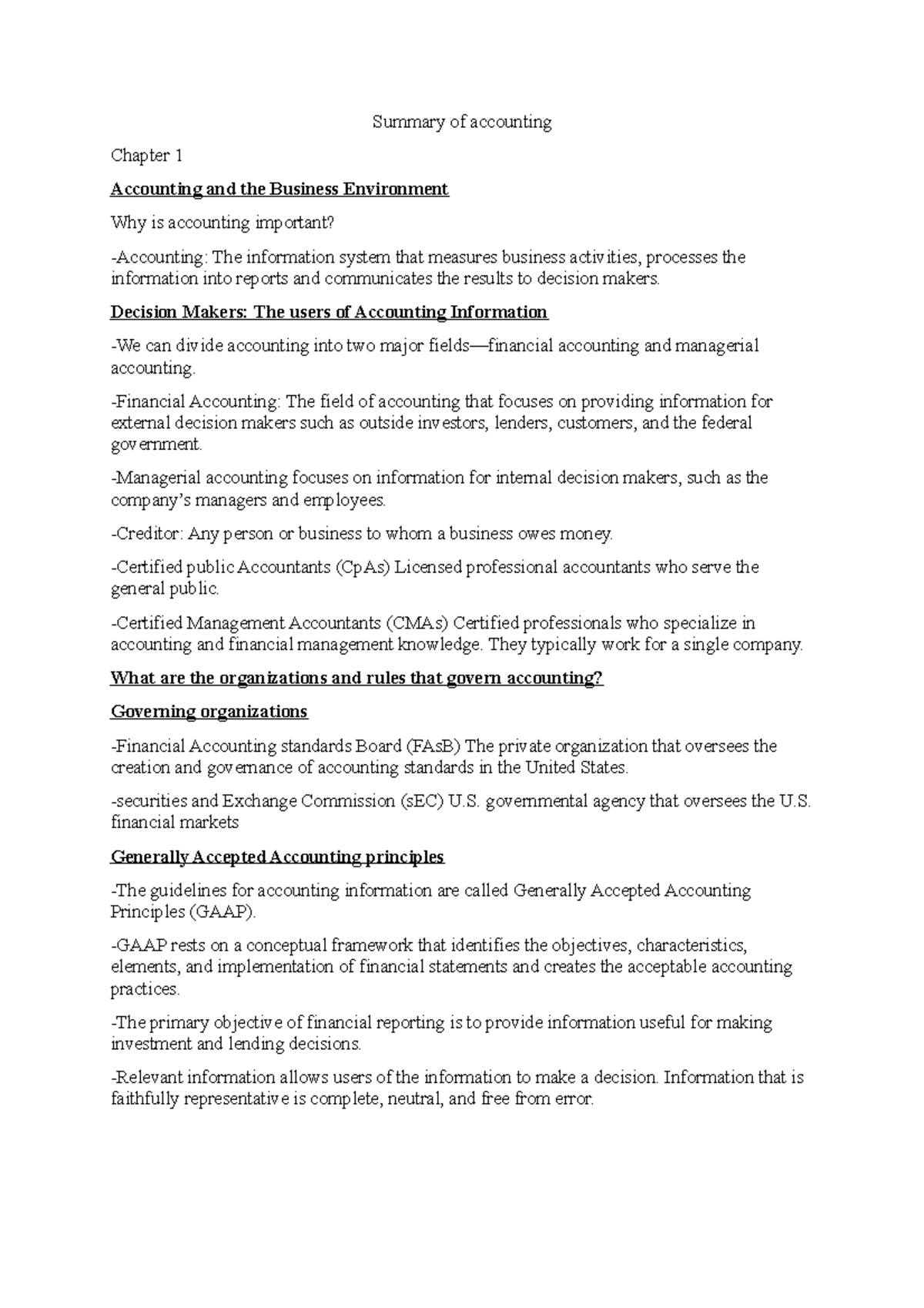 Summary of accounting - Summary of accounting Chapter 1 Accounting and ...