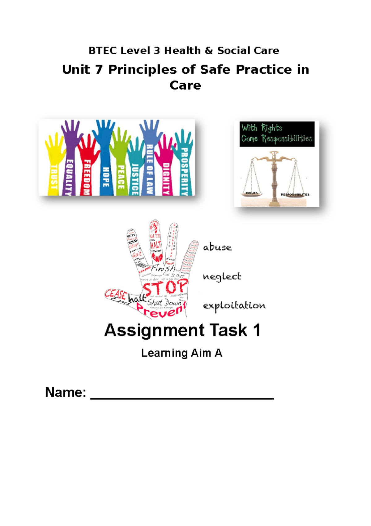 P1 - btec - BTEC Level 3 Health & Social Care Unit 7 Principles of Safe ...