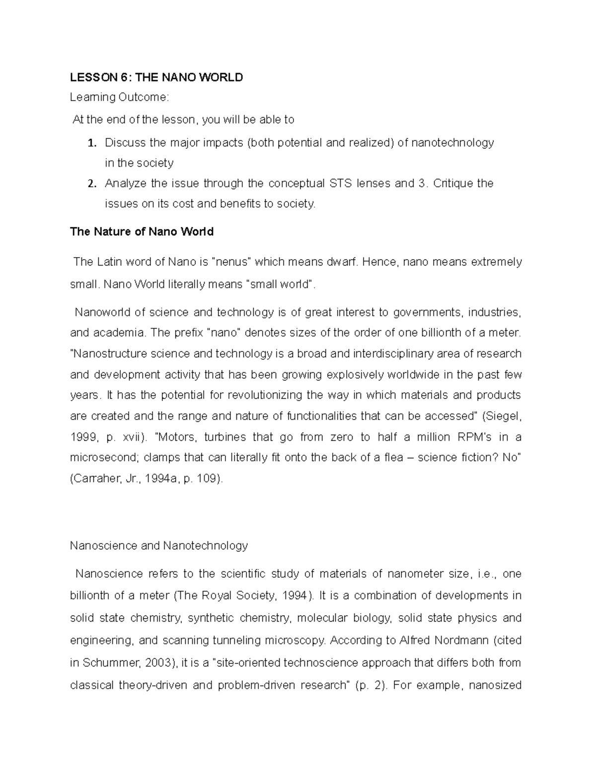 STS- Lesson-6 - n/a - LESSON 6: THE NANO WORLD Learning Outcome: At the ...