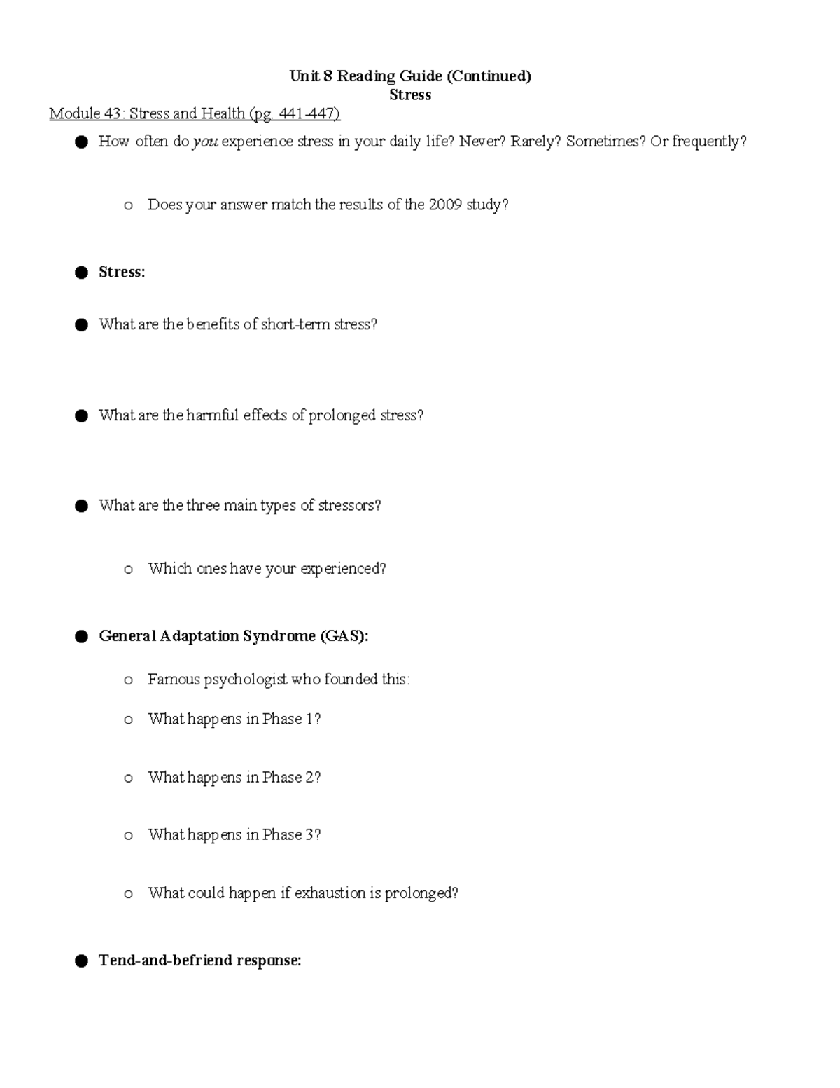 Stress Reading Guide - Unit 8 Reading Guide (Continued) Stress Module ...