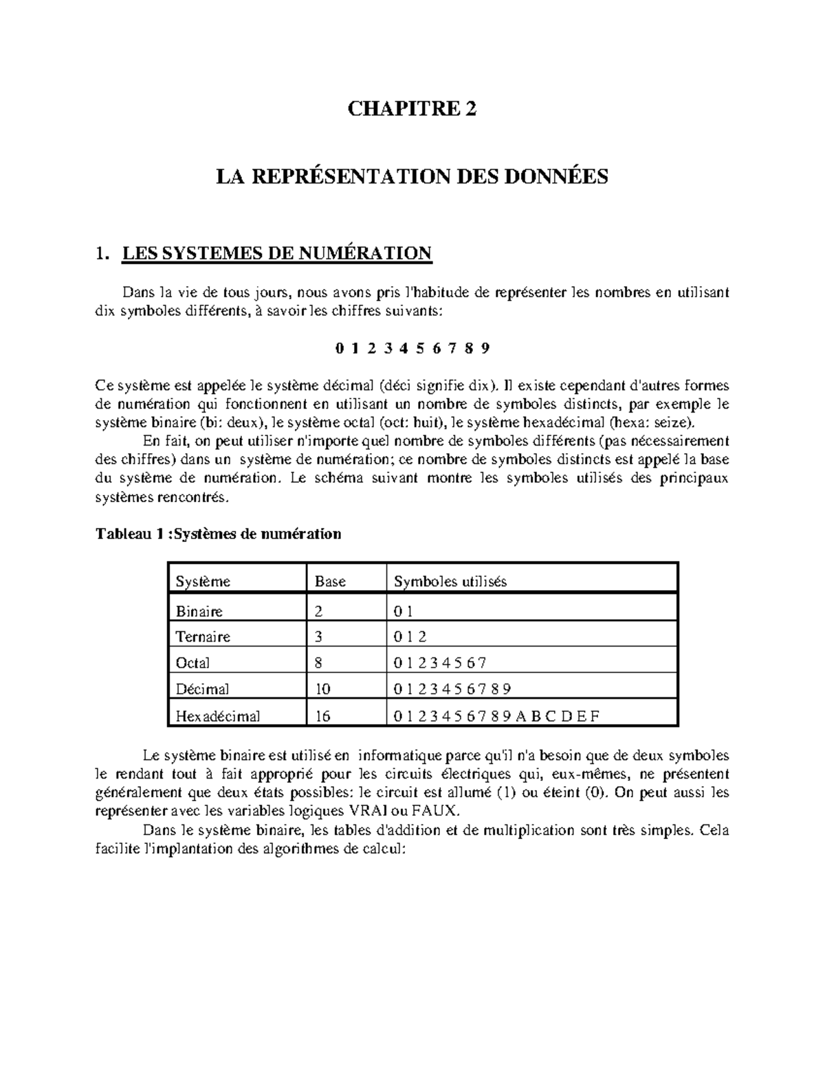 Chap2 - CHAPITRE 2 LA REPRÉSENTATION DES DONNÉES 1. LES SYSTEMES DE NUMÉRATION Dans la vie de ...