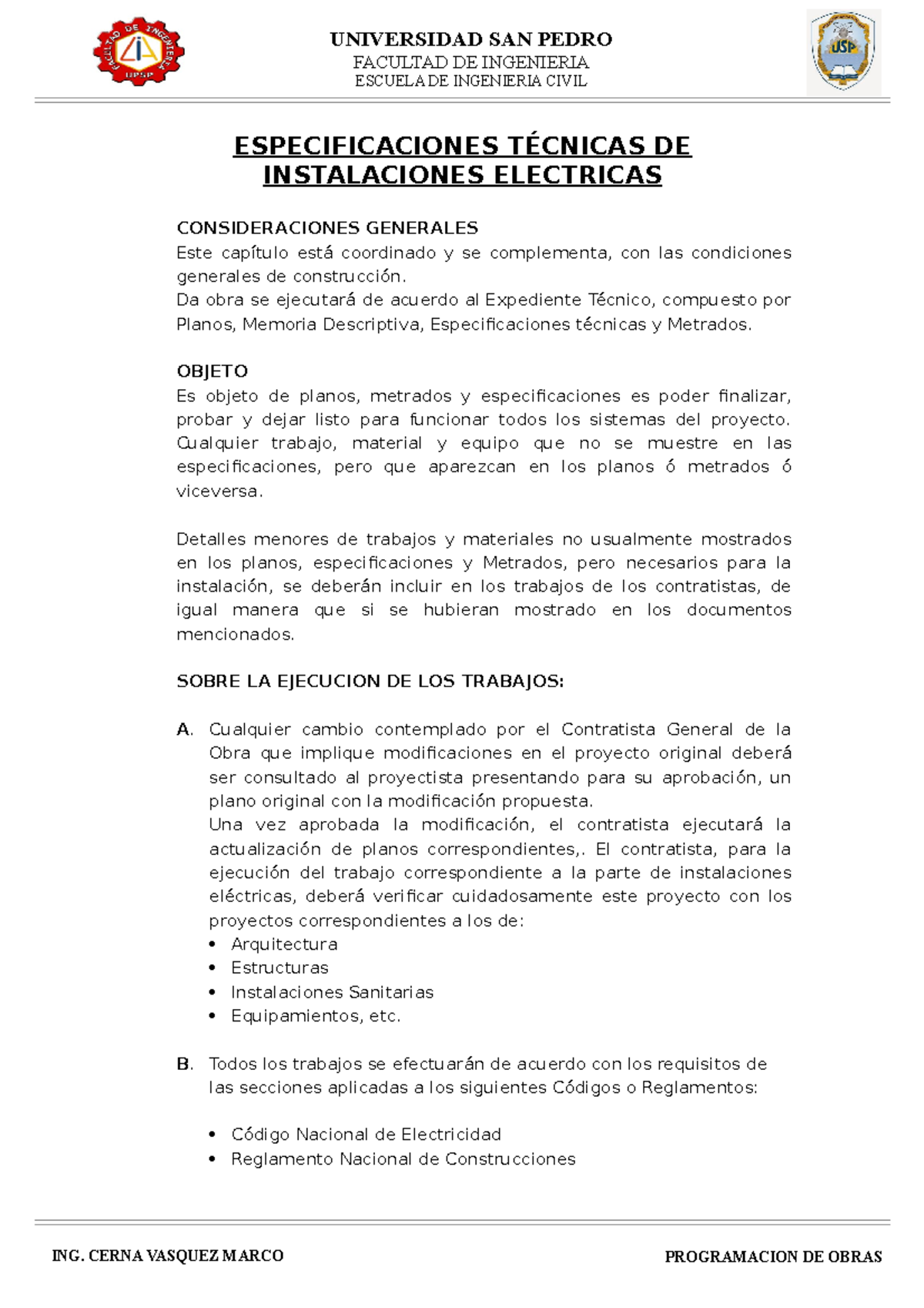 4 - Especificaciones Tecnicas DE Instalaciones Electricas - ESPECIFICACIONES TÉCNICAS DE - Studocu
