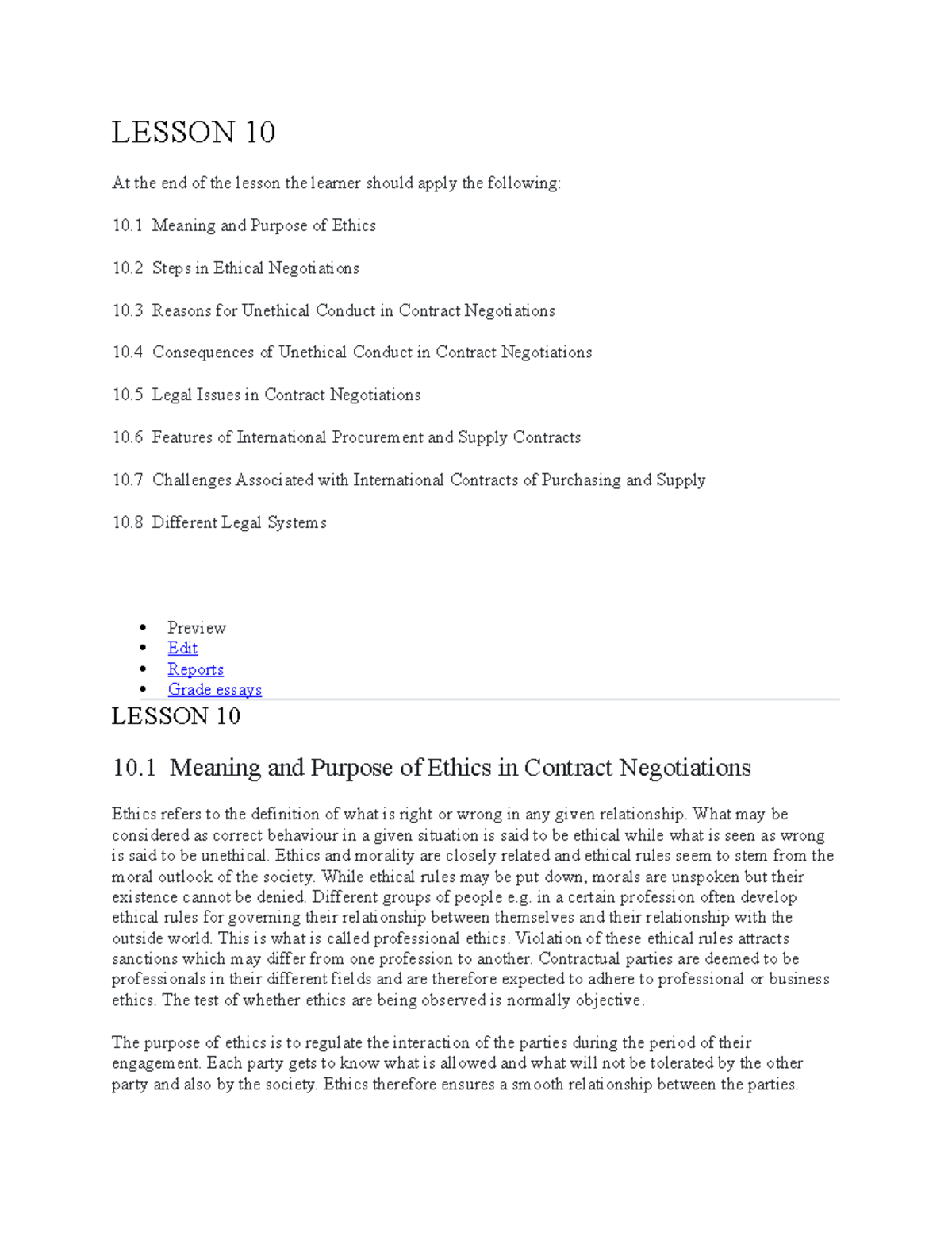 Lesson 10 - The ethics in contract laws and negotiations - LESSON 10 At ...