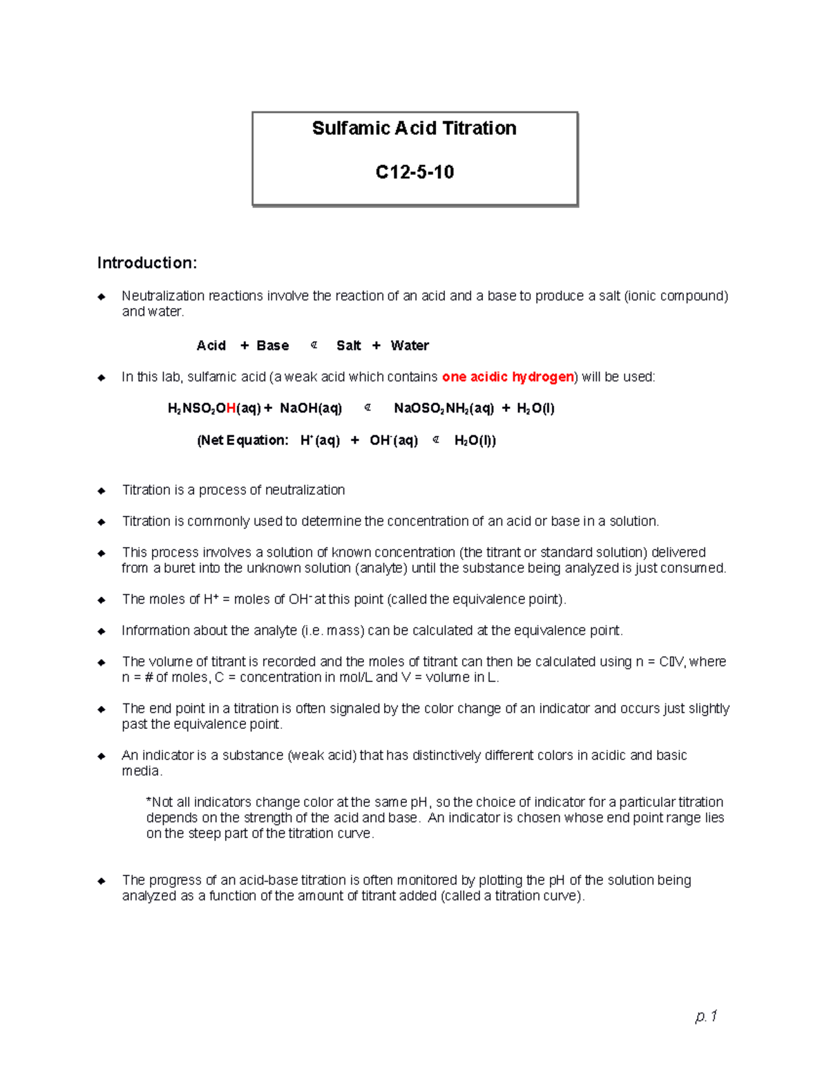 Sulfamic Acid Titration C12-5-10 - Introduction: Neutralization ...