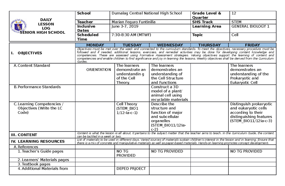 General Biology June 3-7 - DAILY LESSON LOG SENIOR HIGH SCHOOL School ...