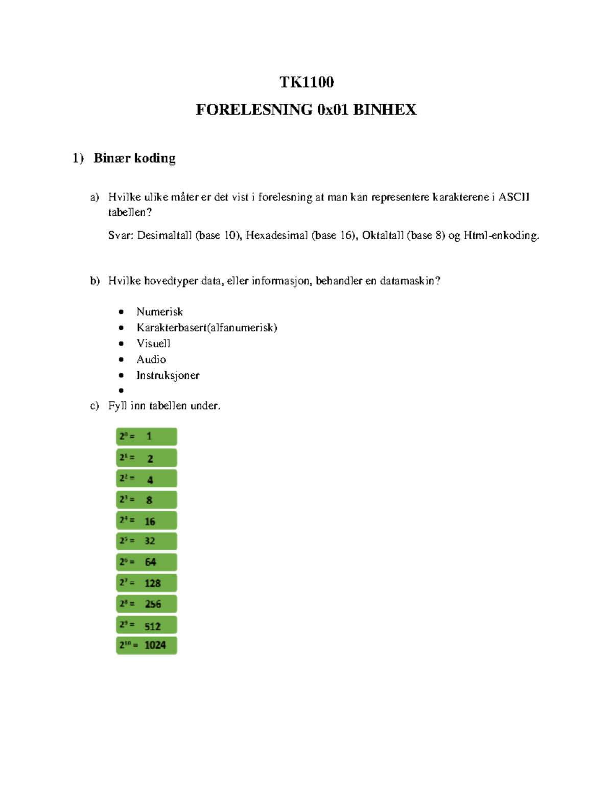 TK1103 Øvingsoppgaver Leksjon 0x01 Binhex Fasit - TK FORELESNING 0x01 ...