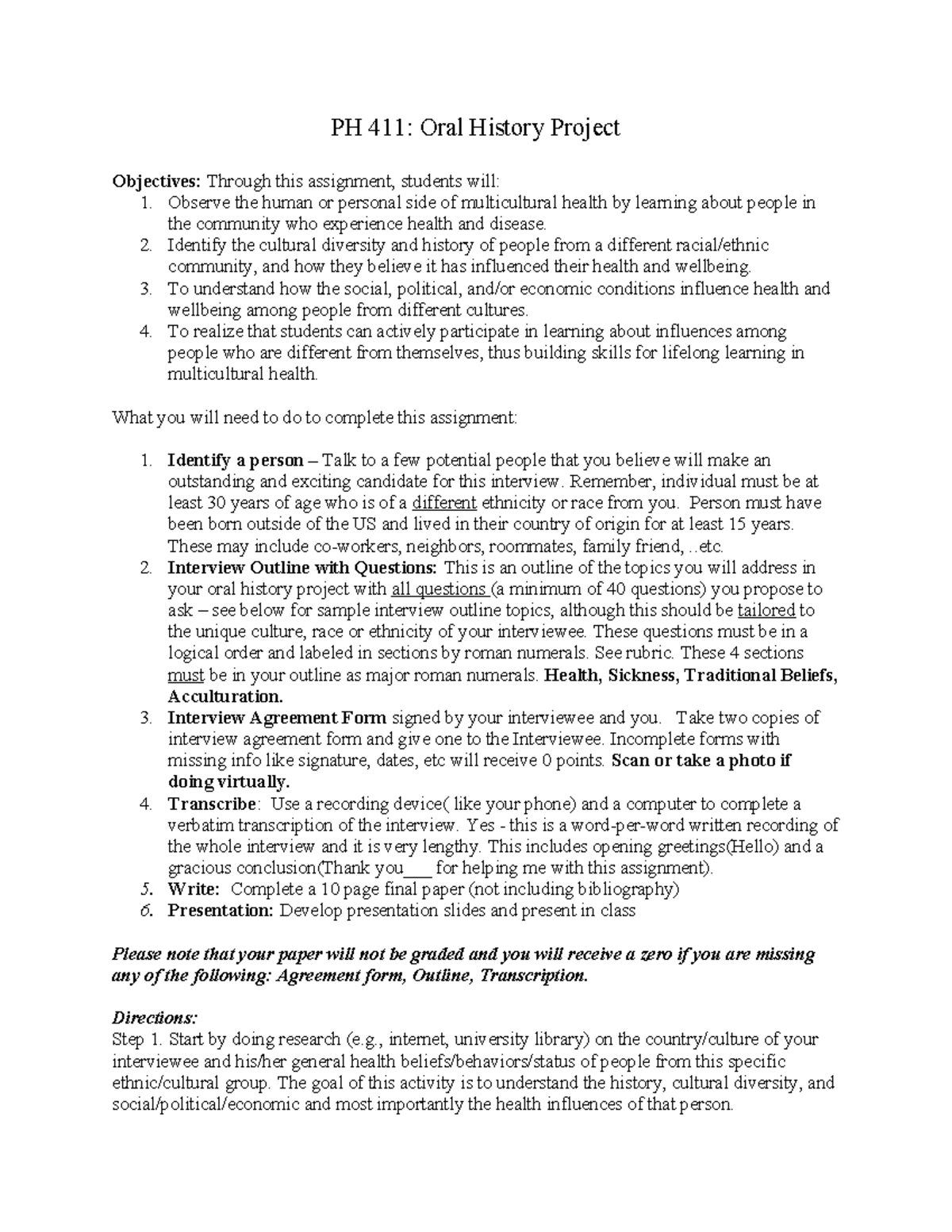 Oral History Project Directions Overview - PH 411: Oral History Project ...