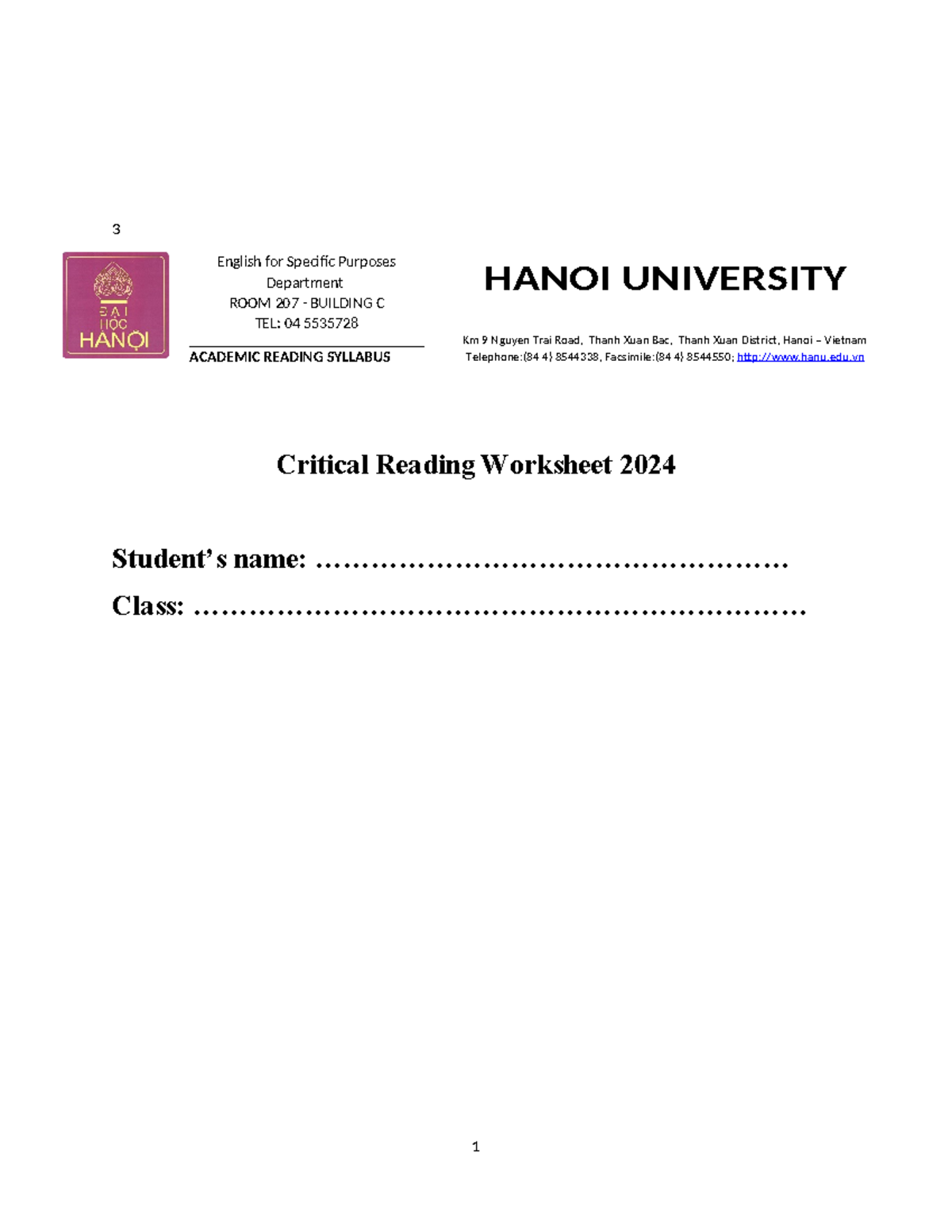 Critical Reading Weekly Worksheet - 3 English for Specific Purposes ...