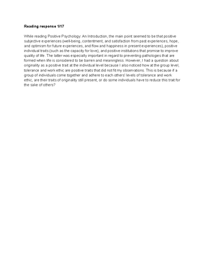 Reading Response 1/24 - Reading Response 1/ While reading Promoting and Protecting Mental Health ...