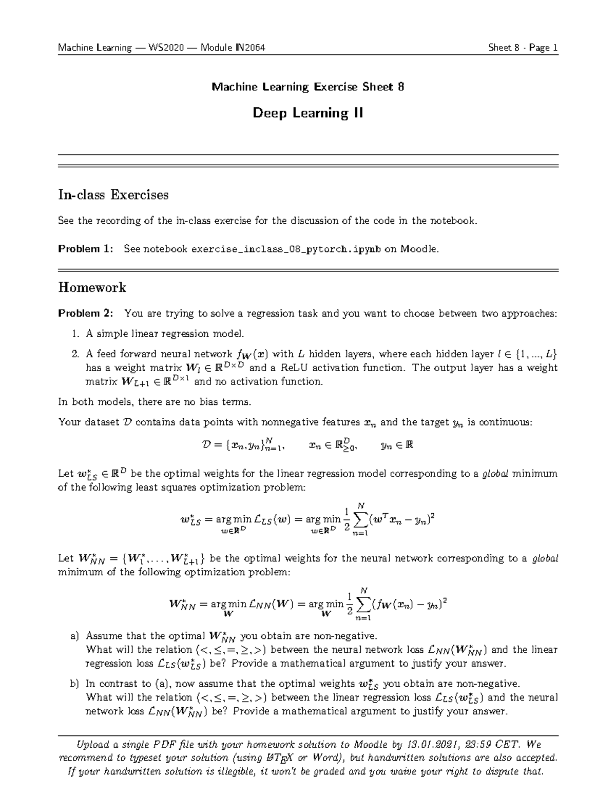 Exercise 08 deep learning 2 - Machine Learning — WS2020 — Module IN2064 Sheet 8·Page 1 Machine ...