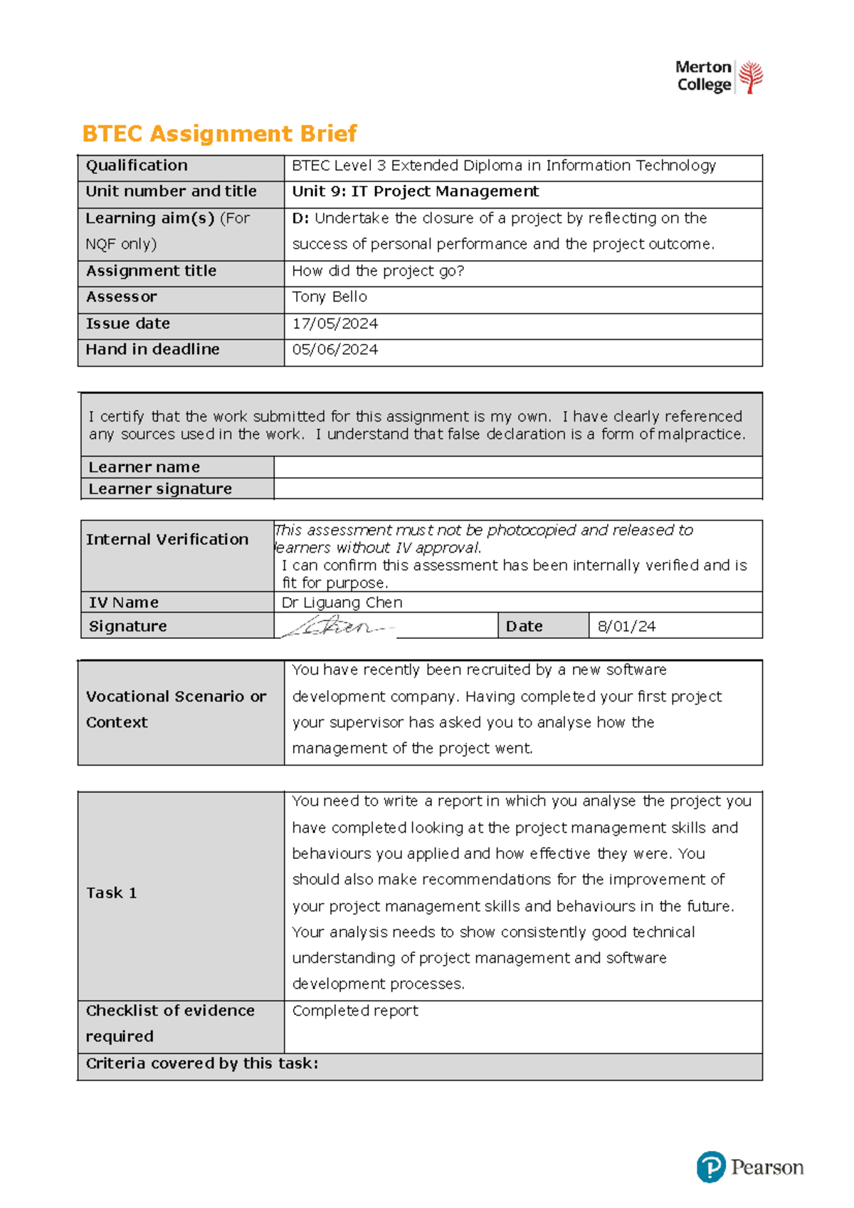 Unit-9 Assignment 3 Brief for Learning-Aim-D-IT-Project-Management 2023 ...