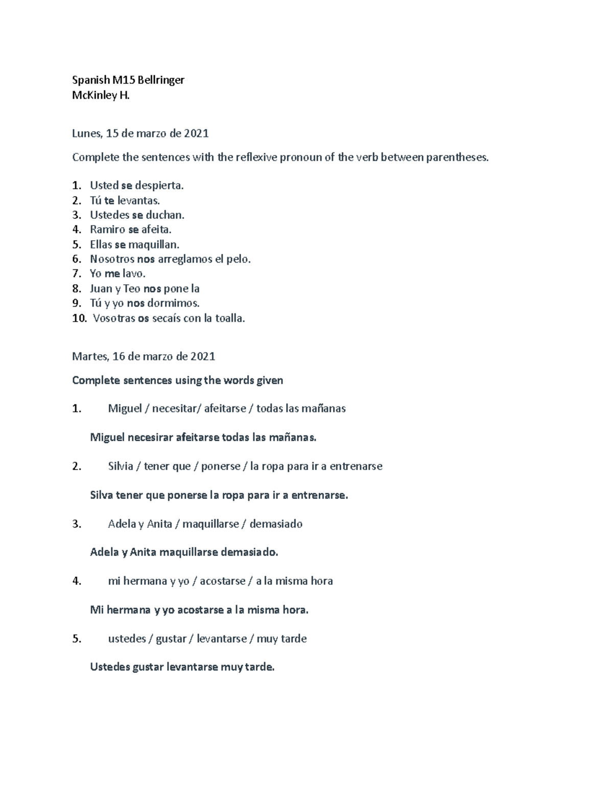 Spanish M15 - Bellringer - Spanish M15 Bellringer McKinley H. Lunes, 15 ...