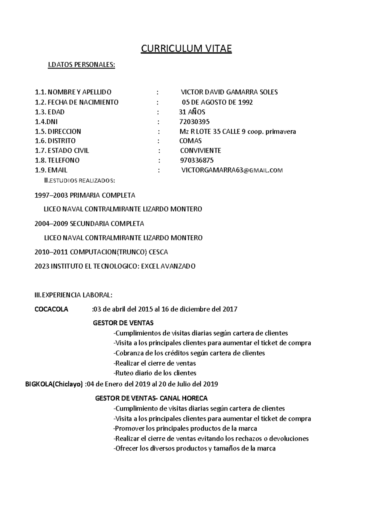 CV Victor David Gamarra Soles - CURRICULUM VITAE I PERSONALES: 1 ...