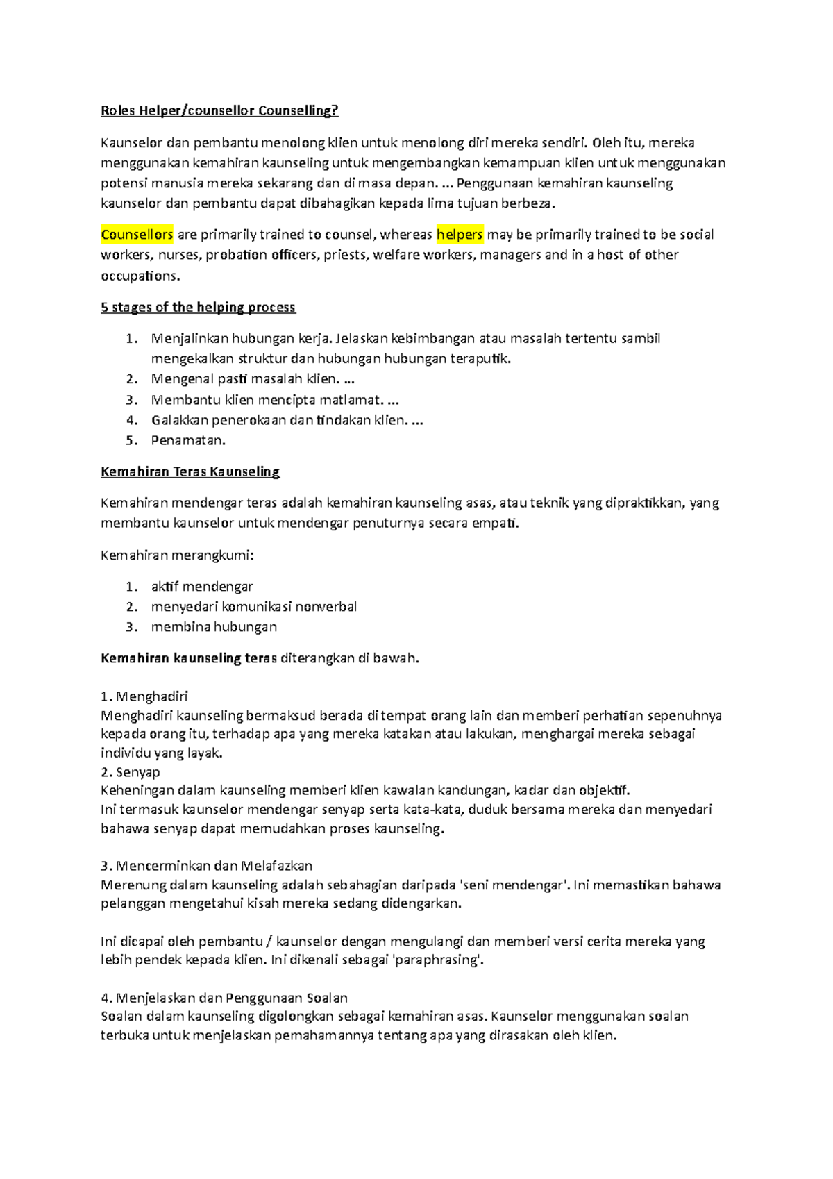 Helper in counseling - Lecture notes 1 - Roles Helper/counsellor ...