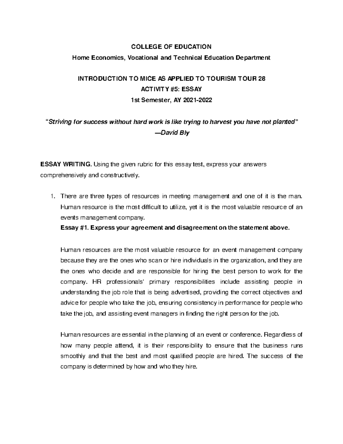 Activity 5 - Introduction to MICE as Applied to Tourism - Essay ...