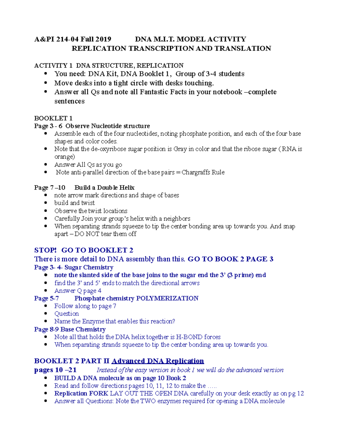 DNA RNA model activity - anatomy - A&PI 214-04 Fall 2019 DNA M.I. MODEL ...