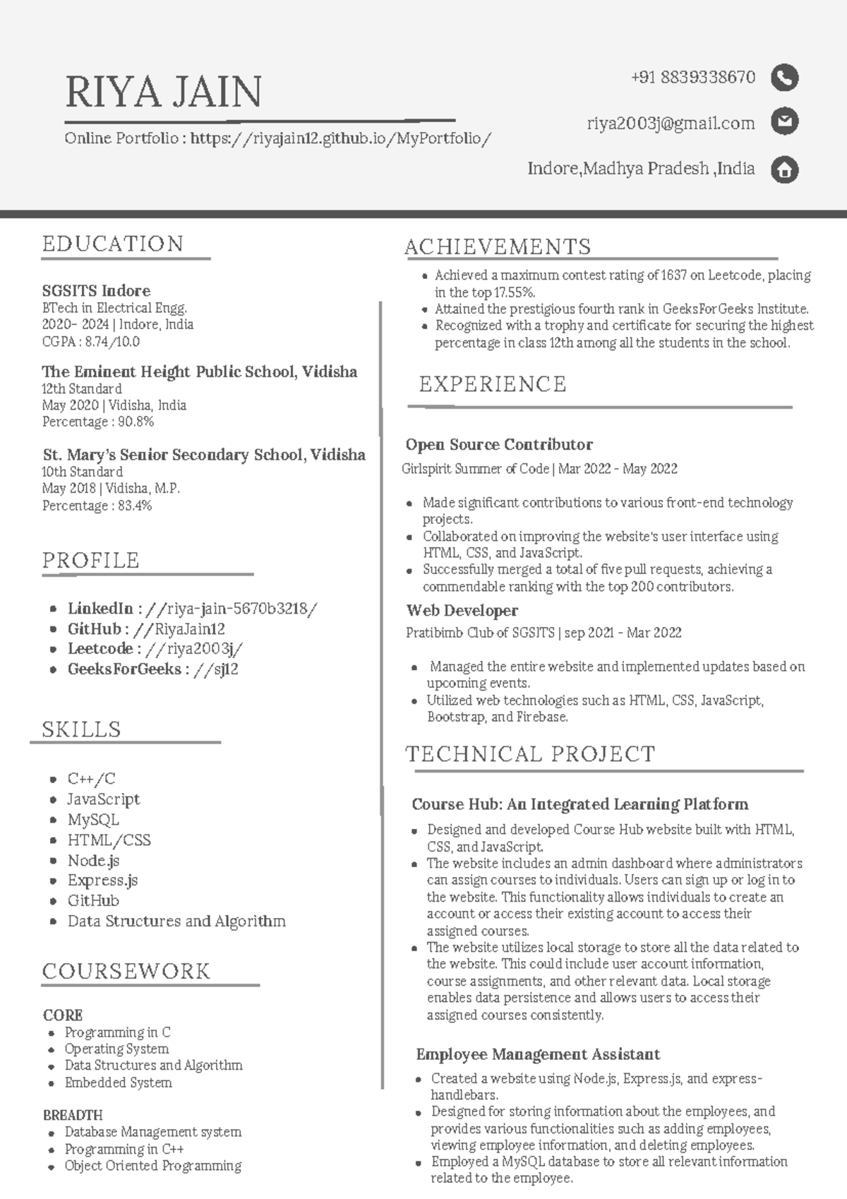 Riya Jain Resume - EXPERIENCE EDUCATION SKILLS COURSEWORK Indore,Madhya ...