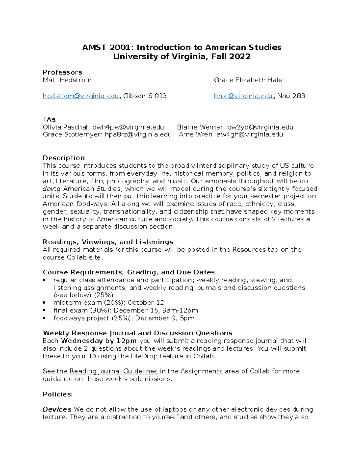 AMST 2001 2022 syllabus - AMST 2001: Introduction to American Studies ...