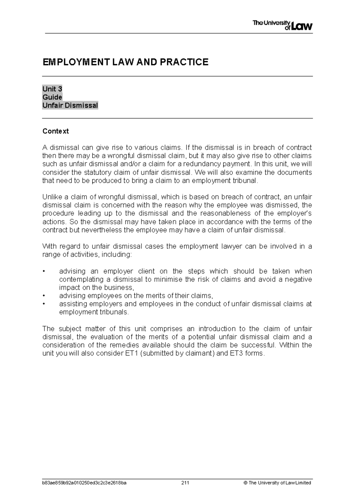 Employment workshop 3- unfair dismissal - EMPLOYMENT LAW AND PRACTICE ...