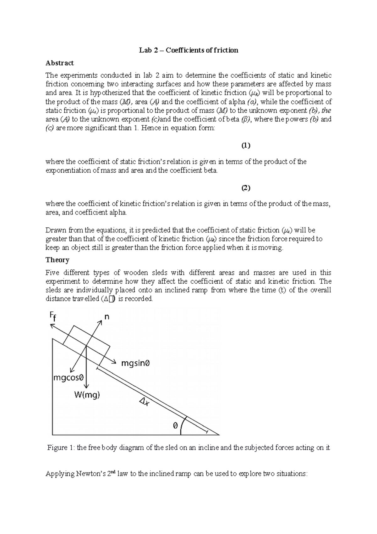 Lab 2 - Coefficients of friction - Lab 2 – Coefficients of friction ...