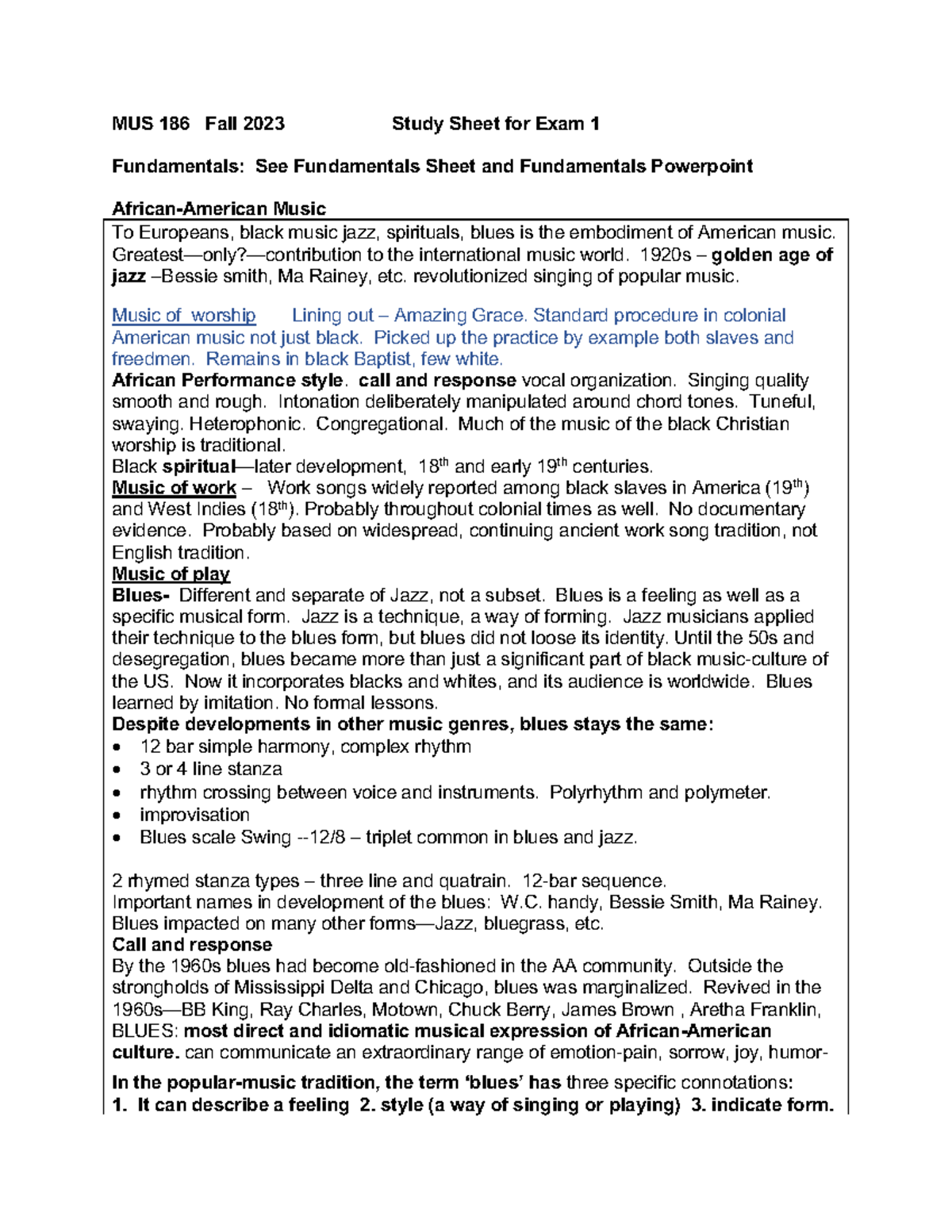 MUS 186 Fall 2023 Study Sheet for Exam 1 - MUS 186 Fall 2023 Study Sheet for Exam 1 Fundamentals ...