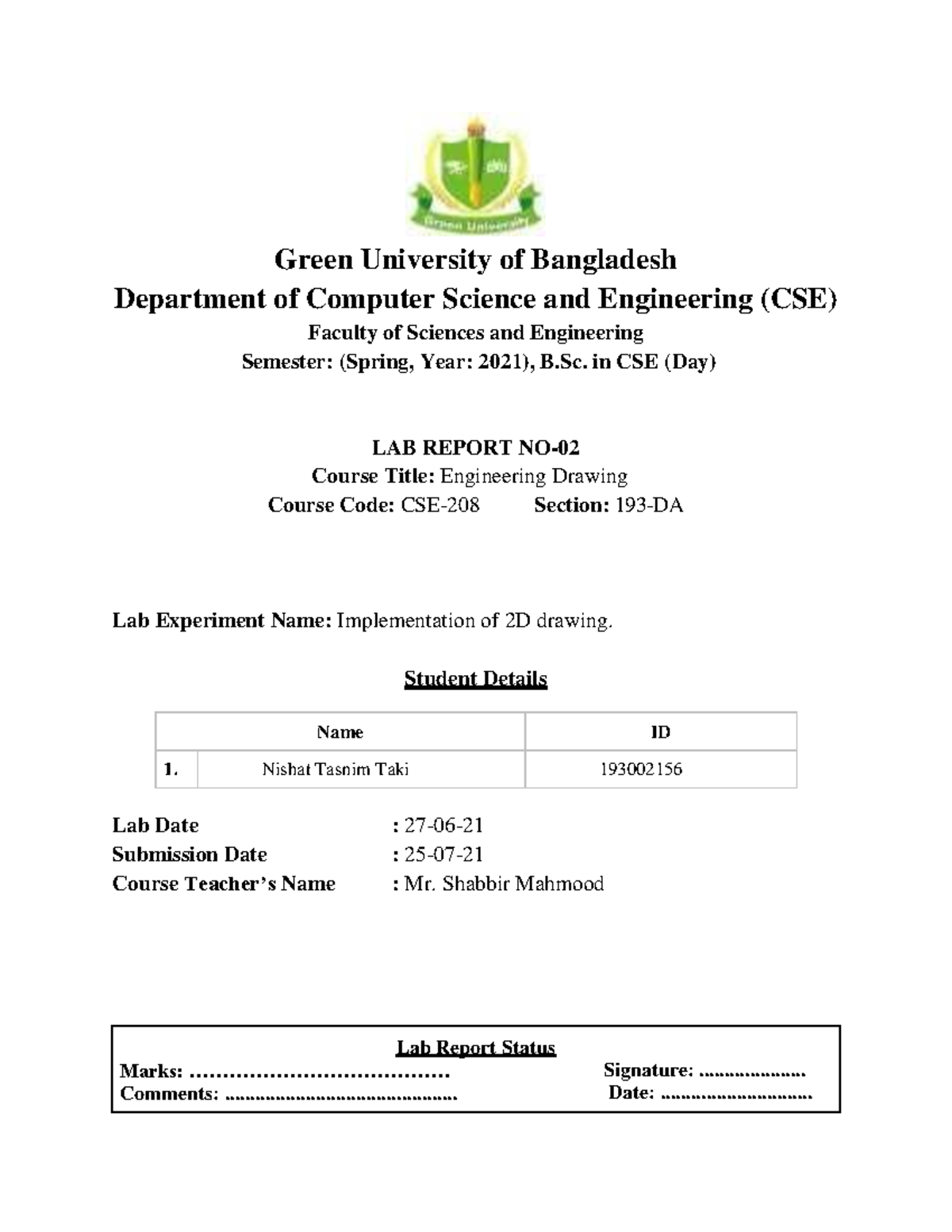 LAB Report-02 193002156 - Signature: ..................... Date